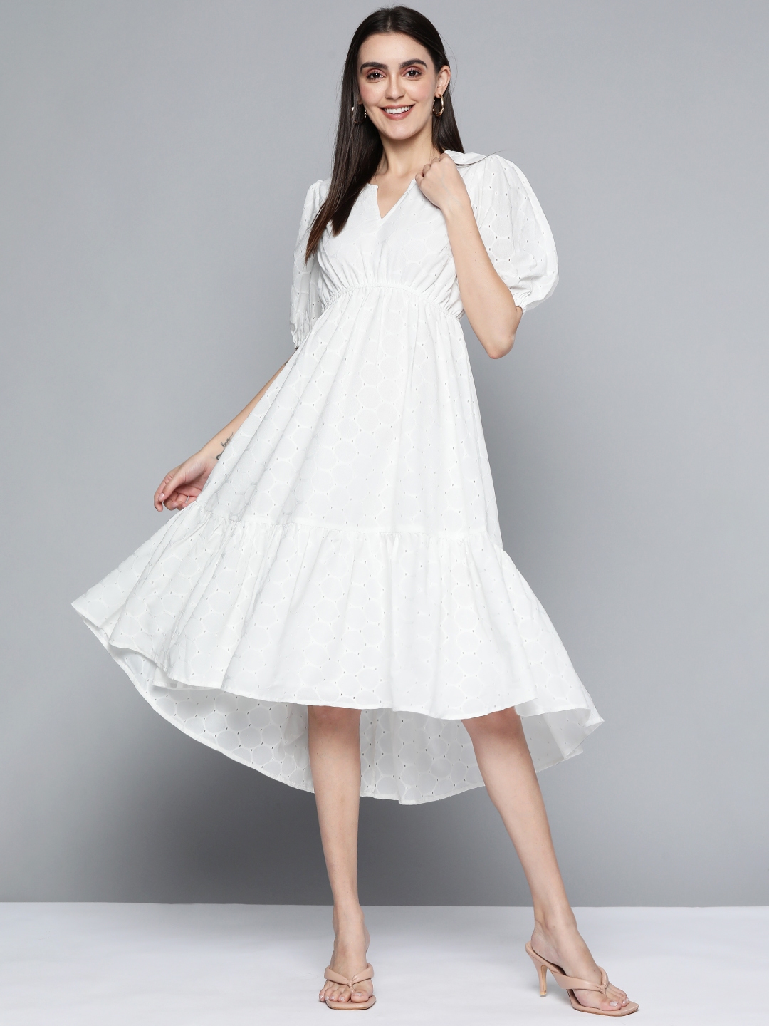 Buy Femella Women White Self Design A Line Midi Dress Dresses For