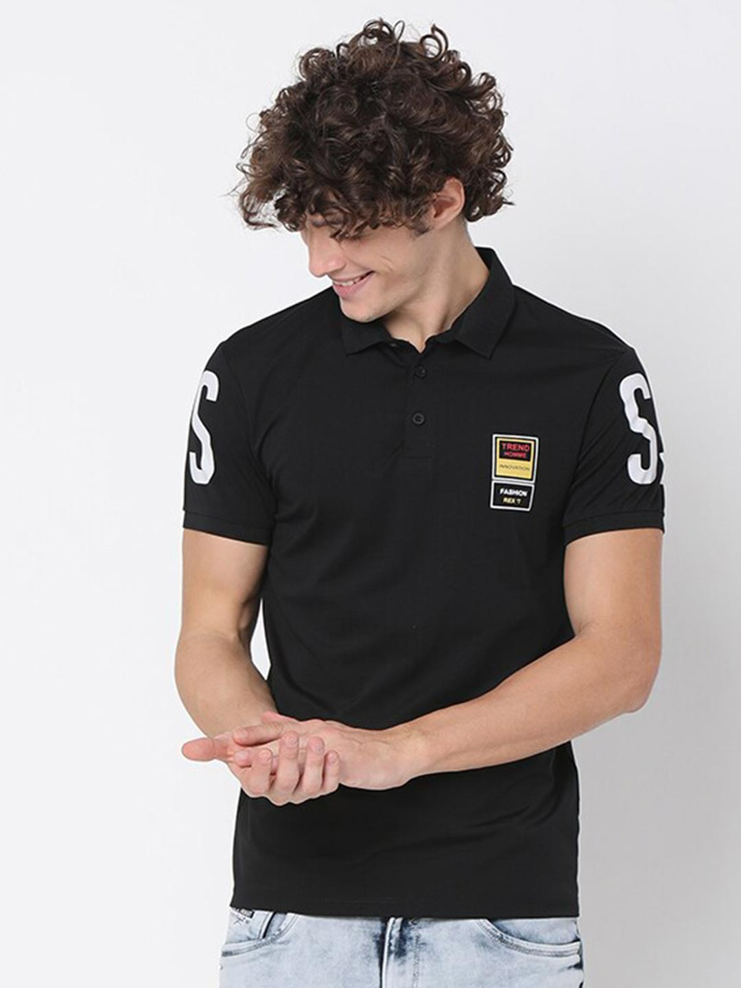 Buy Rex Straut Jeans Men Black Polo Collar Applique Slim Fit T Shirt ...