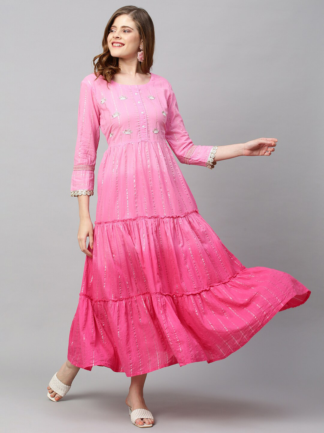 Buy FASHOR Women Pink Ethnic Motifs Embroidered Maxi Cotton Dress ...