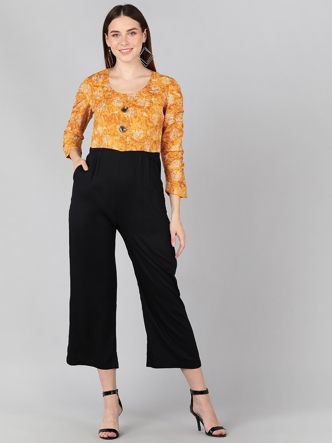 Buy Znx Clothing Women Mustard And Orange Printed Basic Jumpsuit
