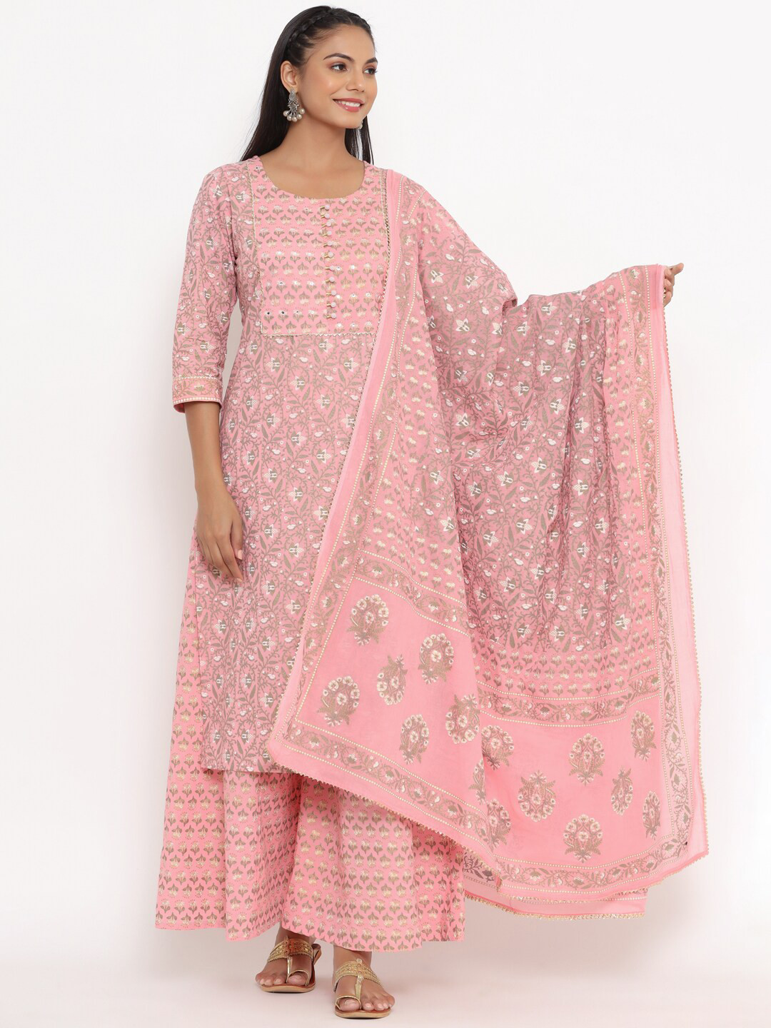 Buy Do Dhaage Women Pink Ethnic Motifs Printed Empire Mirror Work Pure Cotton Kurta With Skirt ...