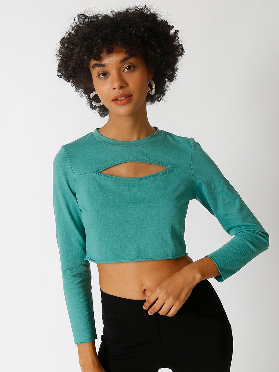 Buy Campus Sutra Women Blue Solid Stylish Pure Cotton Casual Crop Top