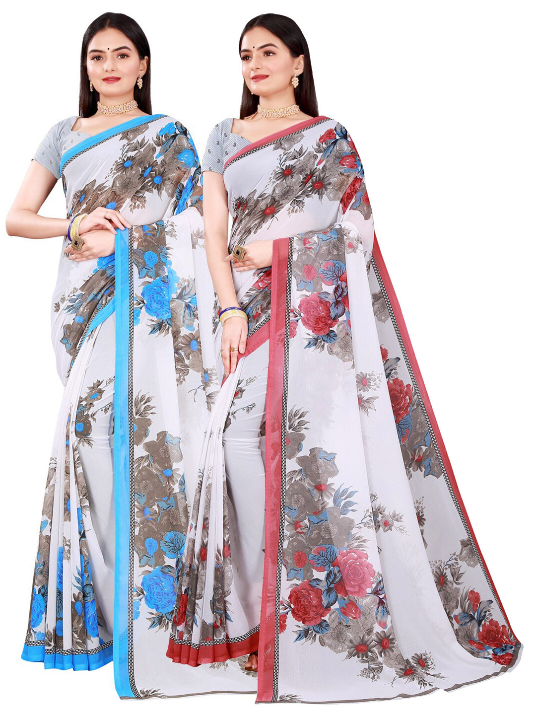 Buy SAADHVI Pack Of 2 Blue & Red Pure Georgette Saree - Sarees for ...