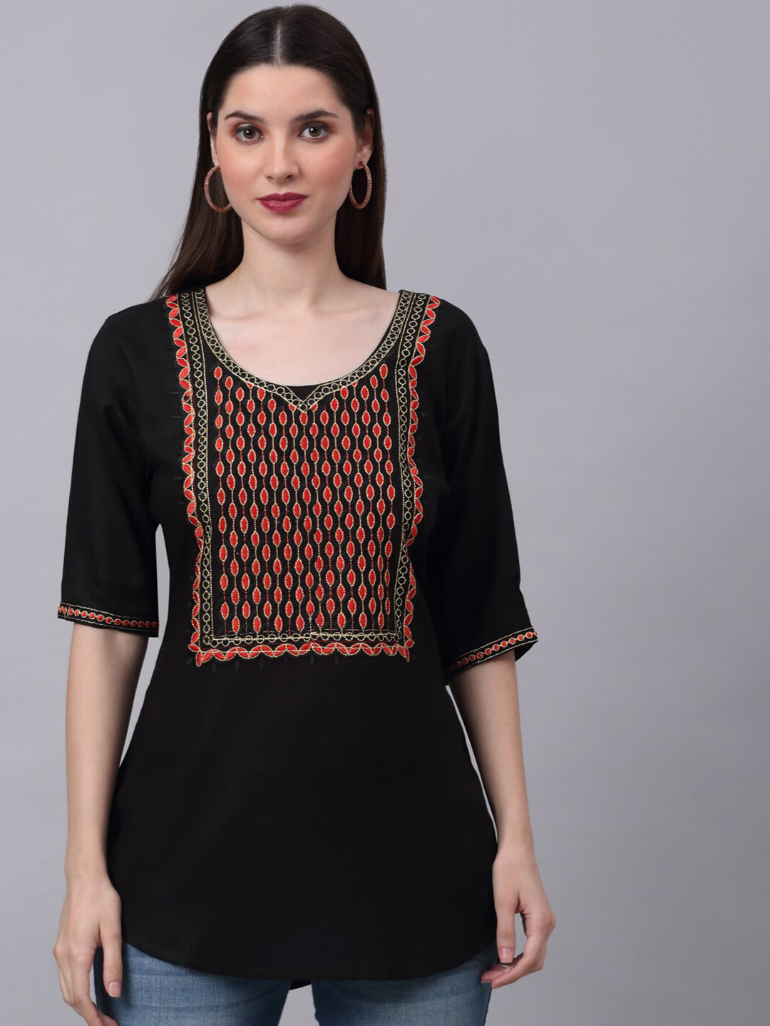 Buy NEUDIS Black Geometric Print Longline Top - Tops for Women 18618656 ...