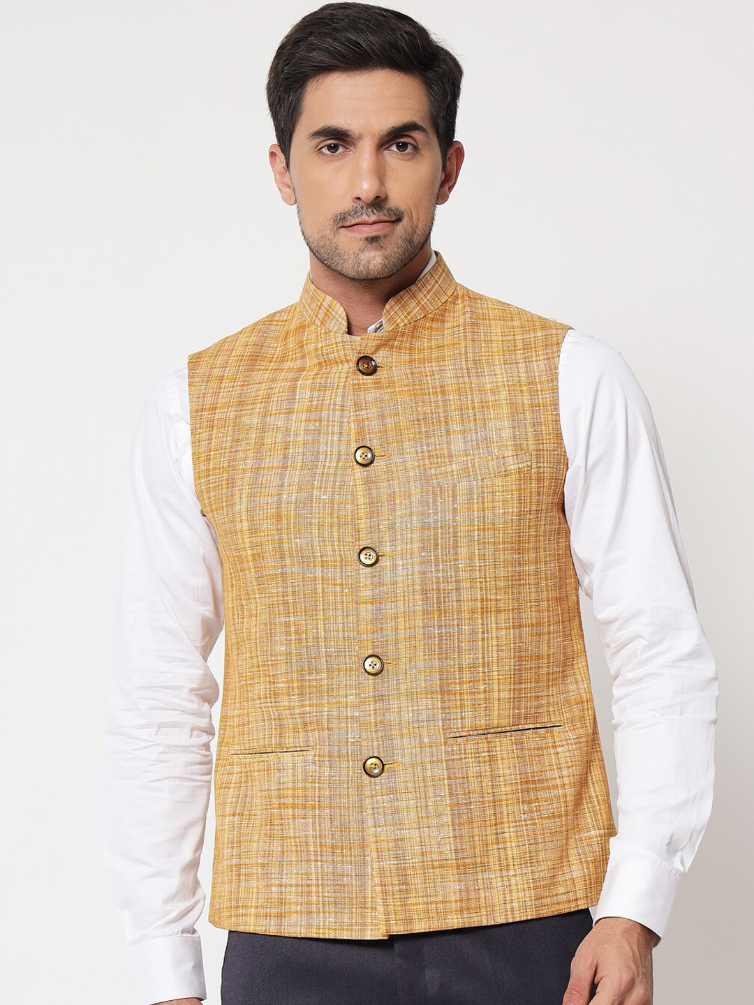 Buy Vastraa Fusion Men Brown Woven Design Handloom Nehru Jacket - Nehru ...