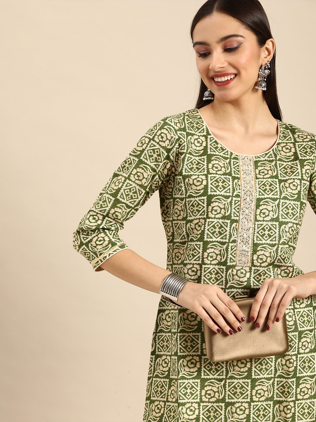 Buy Anouk Women Olive Green And Beige Ethnic Motifs Printed Gotta Patti