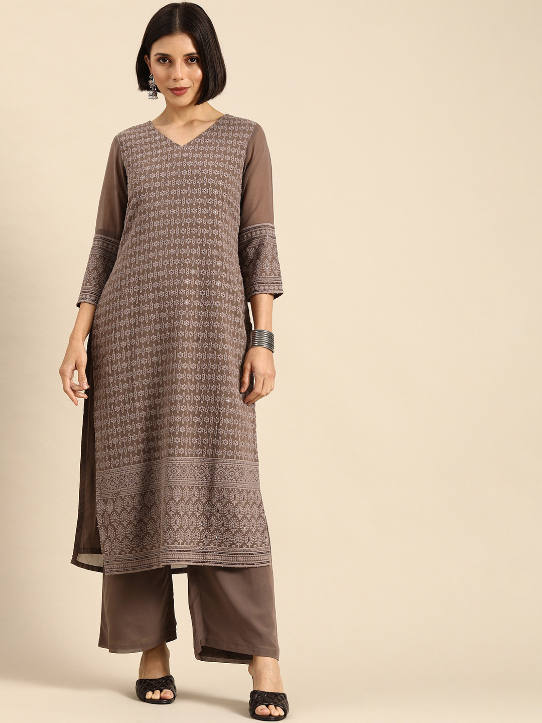 Buy Anouk Women Taupe Ethnic Motifs Embroidered Sequinned Kurta With ...