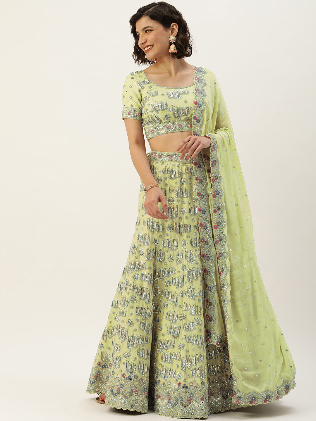 Buy Panchhi Green & Gold Sequinned Zarkan Semi Stitched Lehenga ...