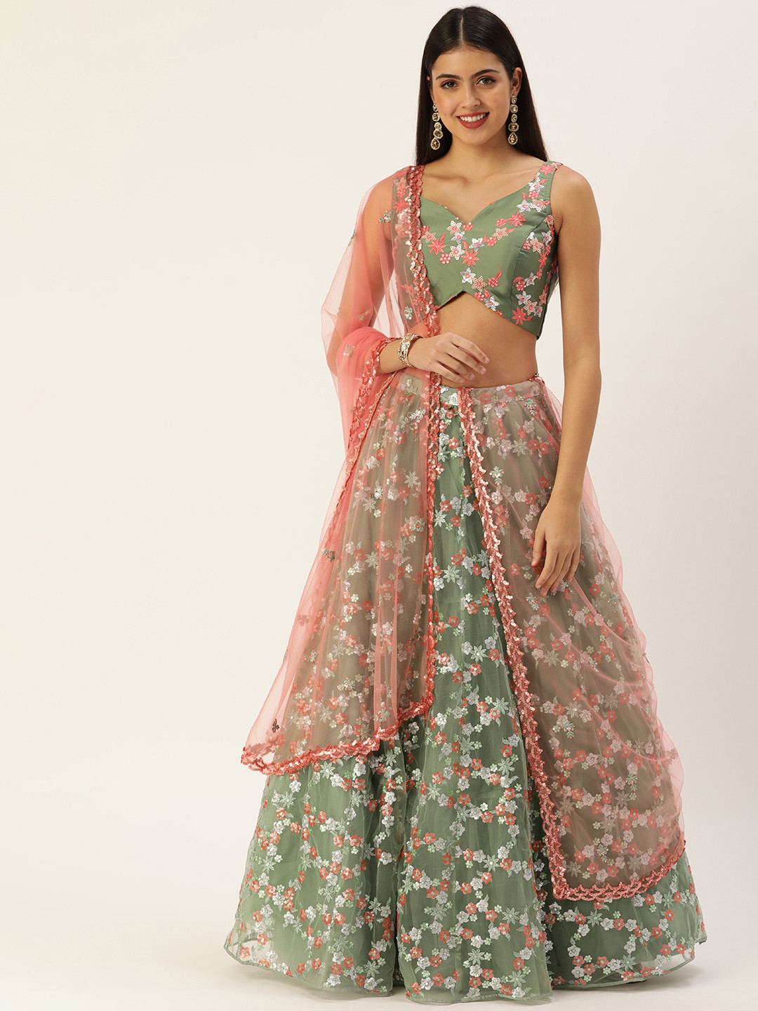 Buy Panchhi Olive Green & Pink Embroidered Sequinned Semi Stitched ...