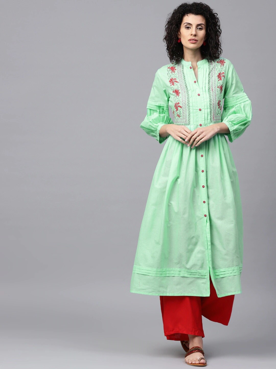 Buy Tulsattva Women Green Ethnic Motifs Yoke Design Flared Sleeves