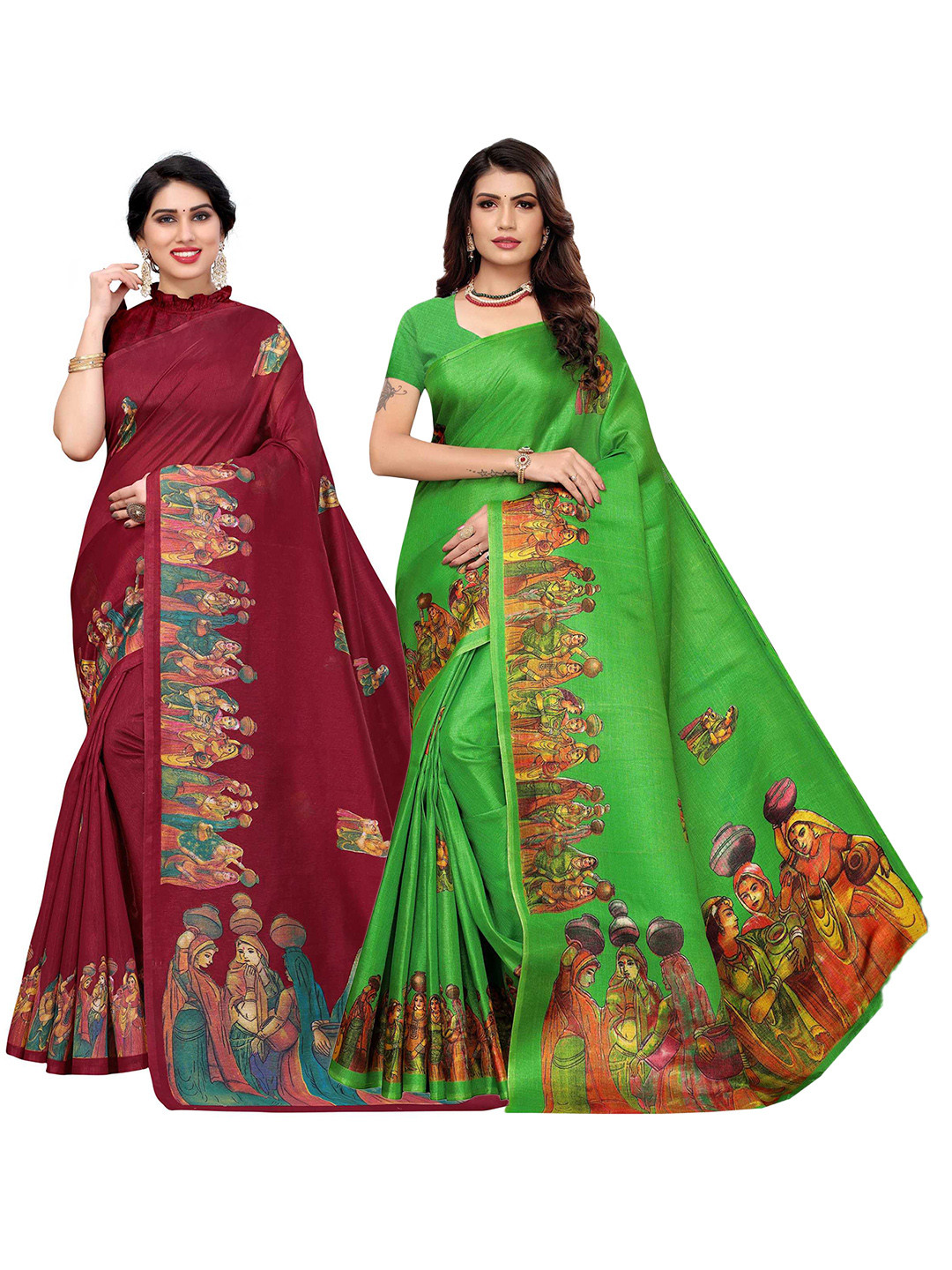 Buy AADVIKA Pack Of 2 Maroon & Green Ethnic Motifs Art Silk Mysore Silk ...