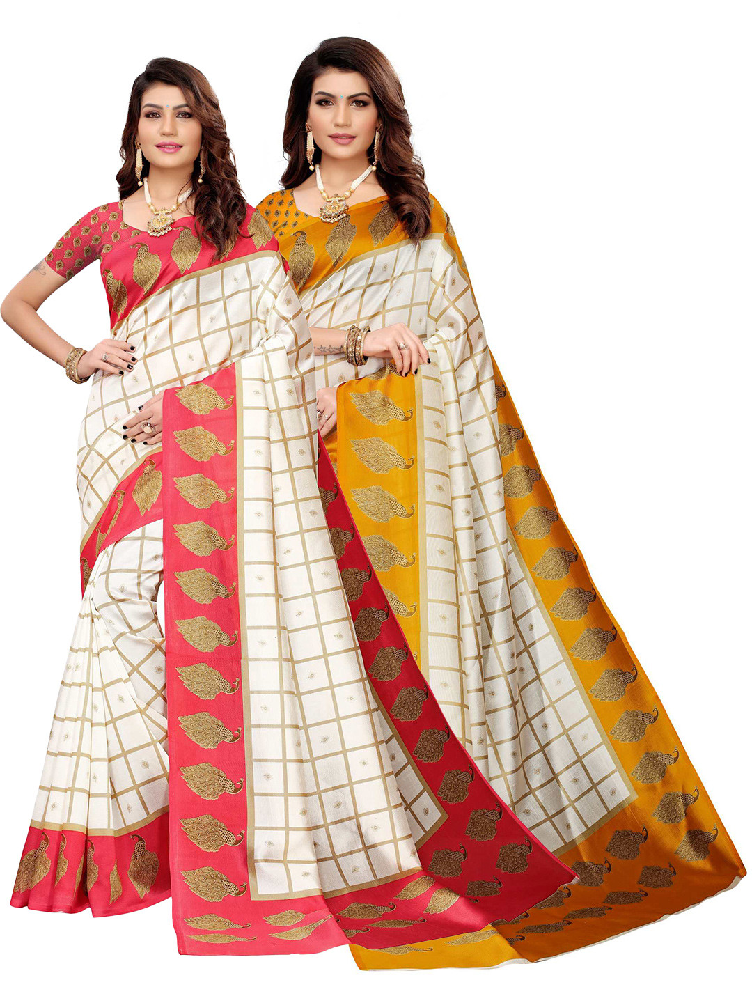 Buy AADVIKA Pack Of 2 Yellow & Coral Checked Mysore Silk Saree - Sarees ...