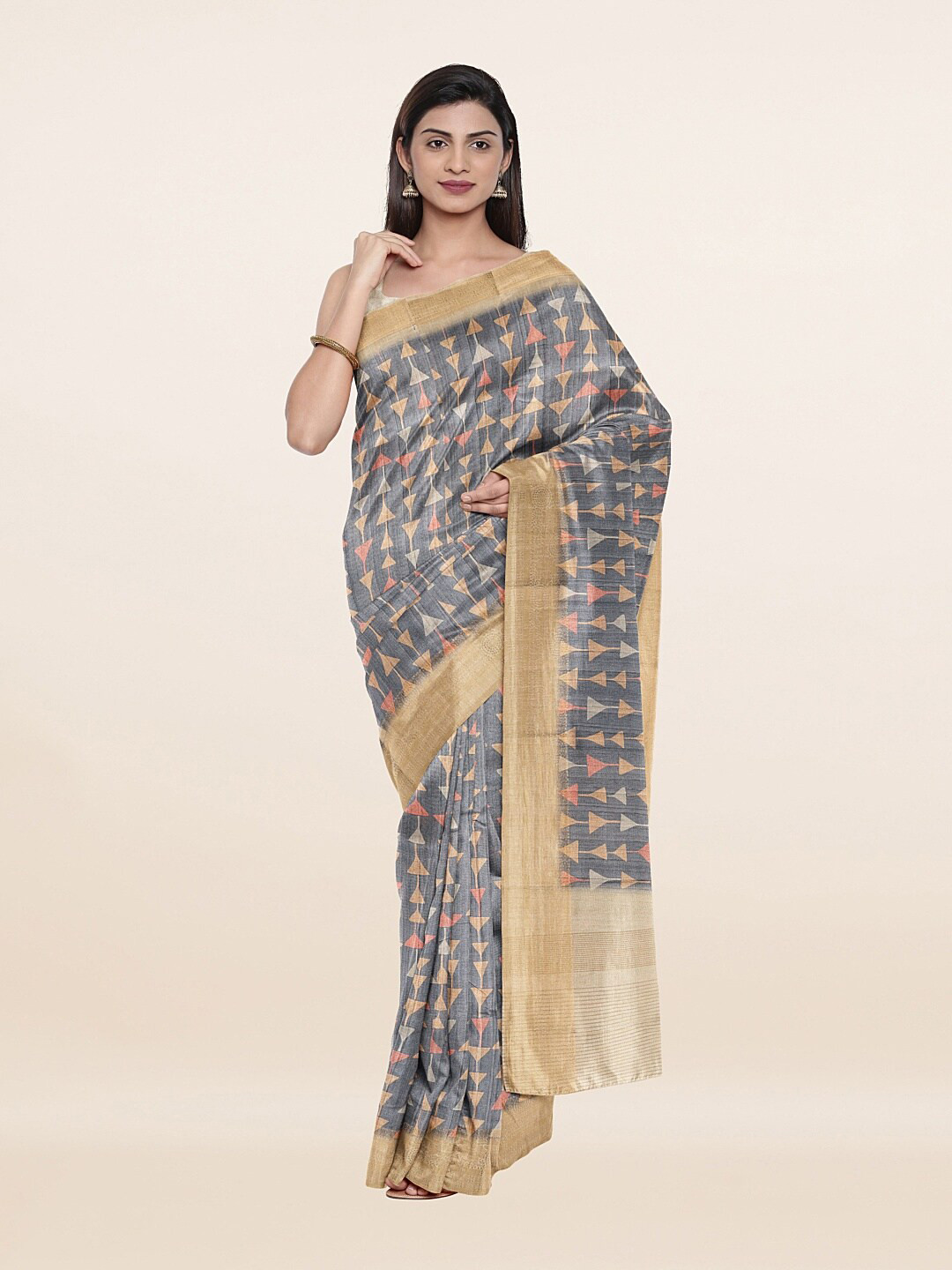 Buy Pothys Grey & Beige Tussar Silk Saree - Sarees for Women 18628702 ...