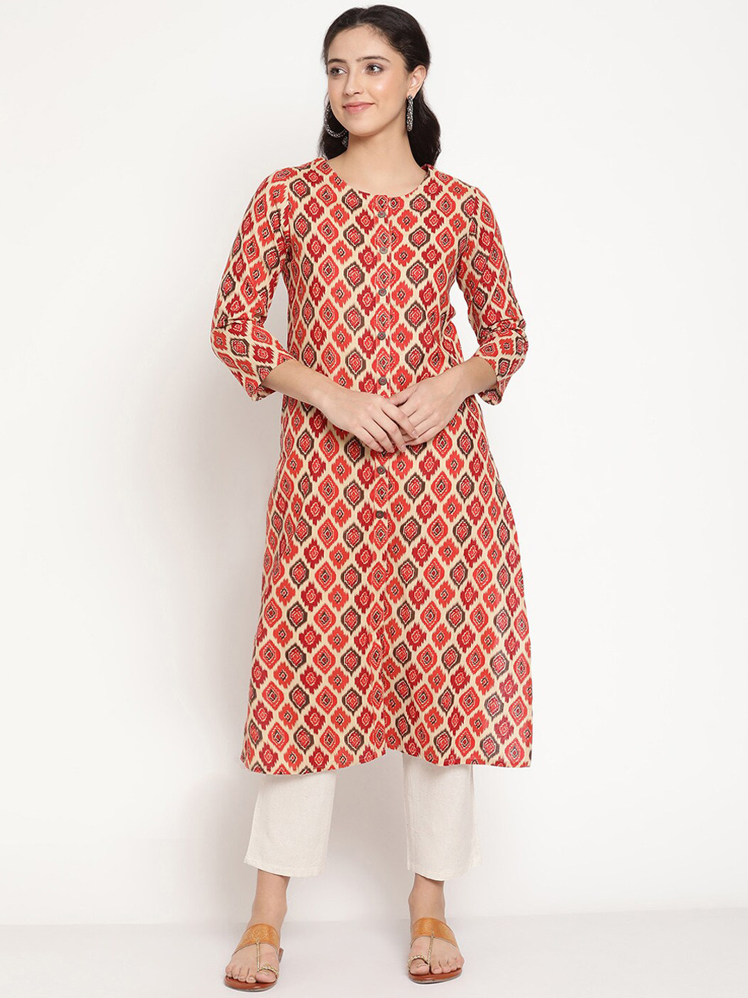 Buy Be Indi Women Round Neck Ethnic Motifs A Line Side Slits Regular ...