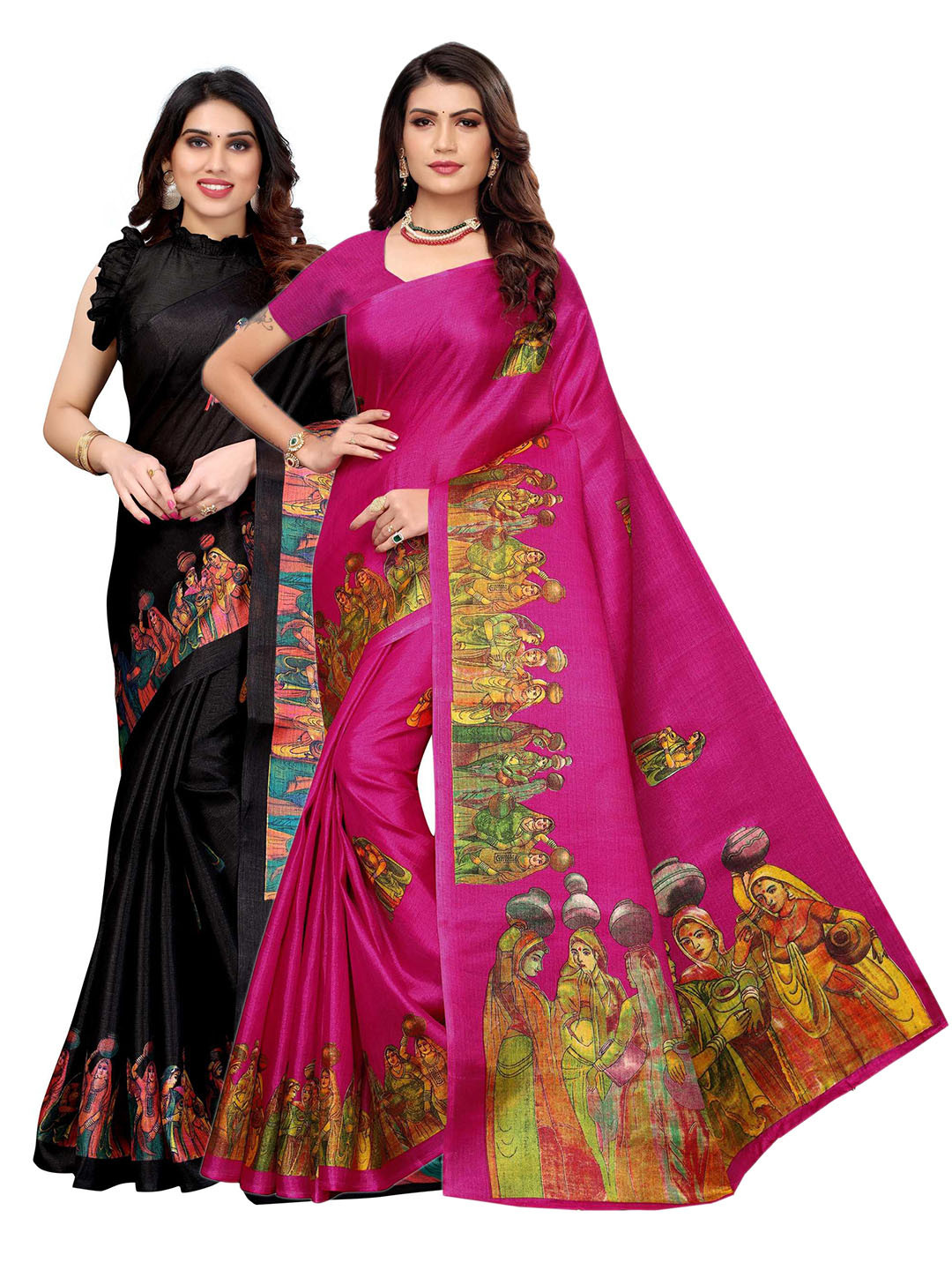Buy AADVIKA Pack Of 2 Magenta & Black Ethnic Motifs Printed Mysore Silk ...