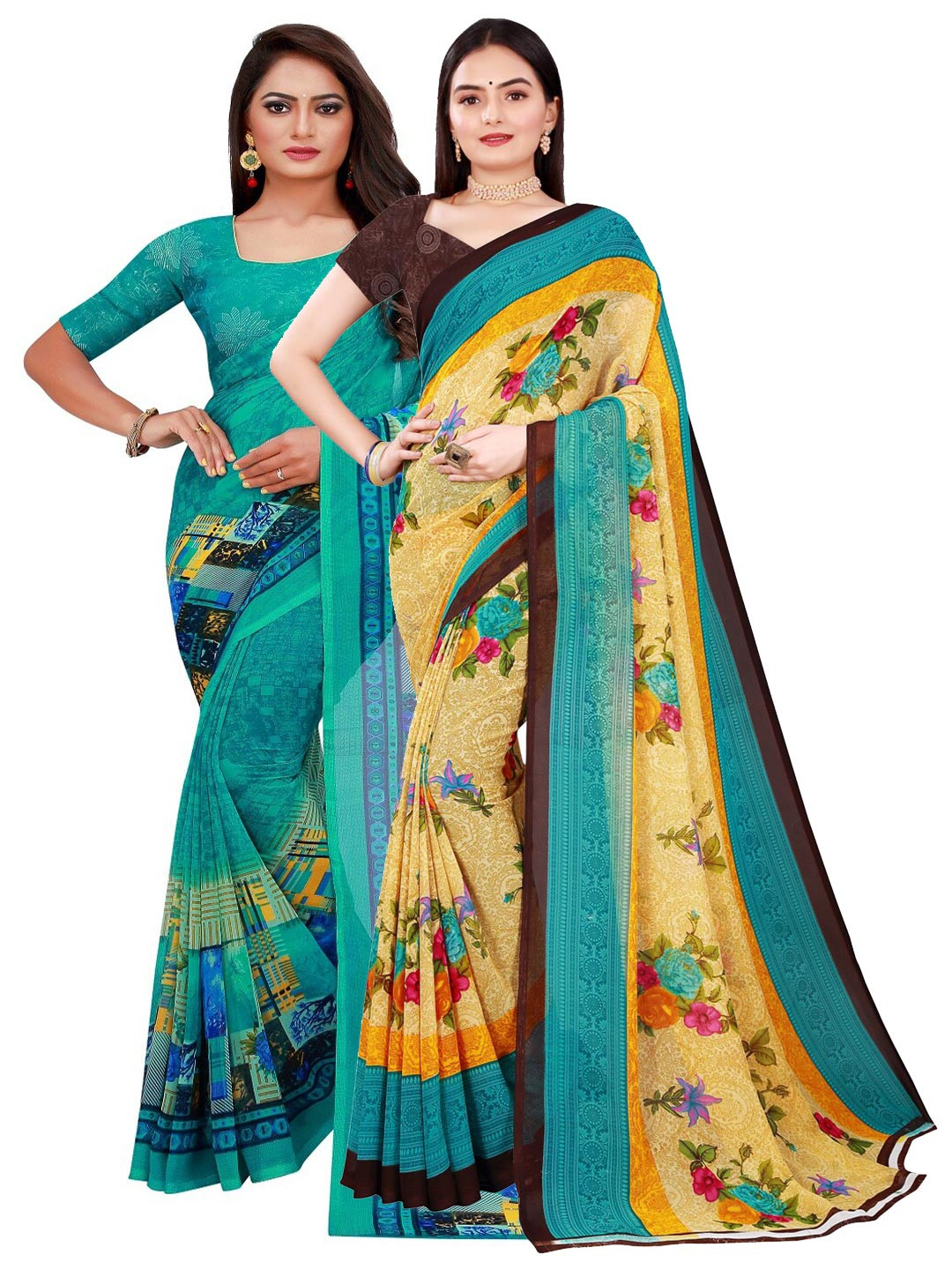 Buy SAADHVI Beige & Teal Pure Georgette Saree Combo Pack Of 2 - Sarees ...