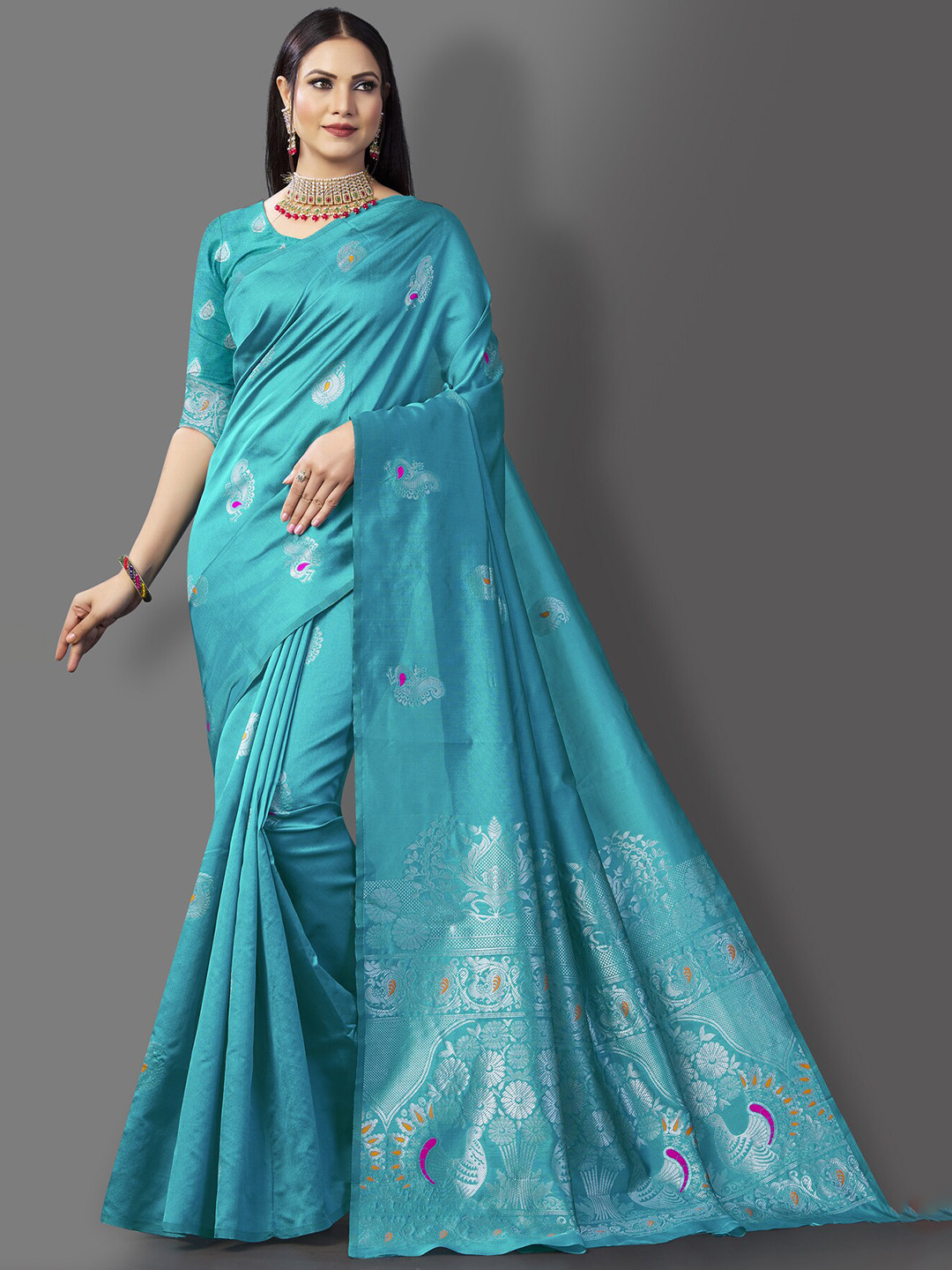 Buy Wuxi Teal & Gold Toned Ethnic Motifs Pure Silk Banarasi Saree ...