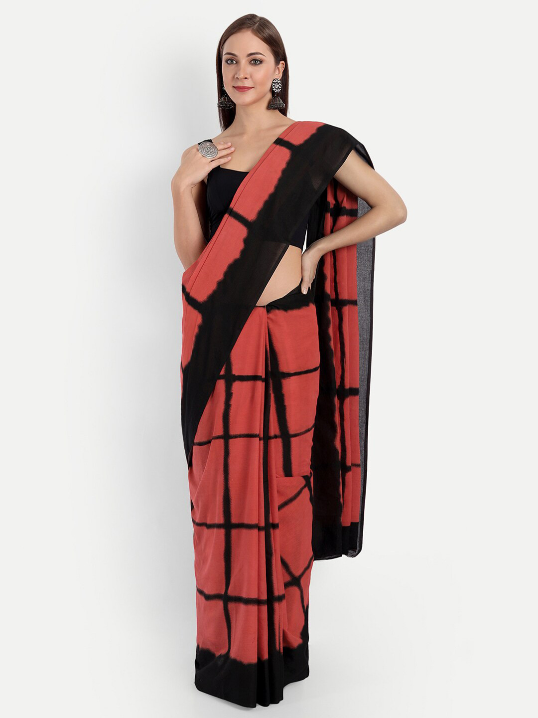 Buy BUTA BUTI Women Peach & Black Checked Pure Cotton Saree - Sarees ...