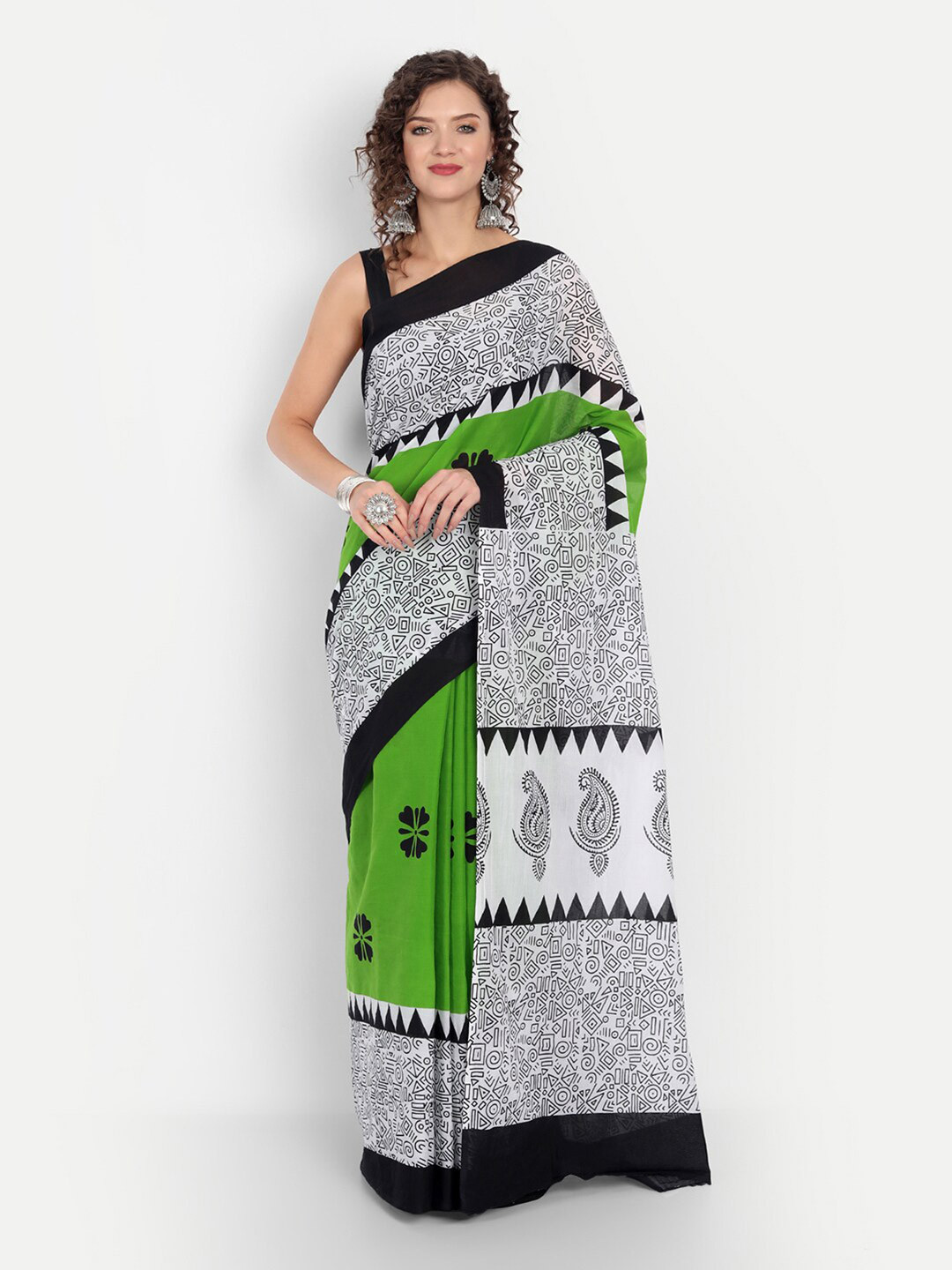 Buy BUTA BUTI White & Green Floral Pure Cotton Saree - Sarees for Women ...