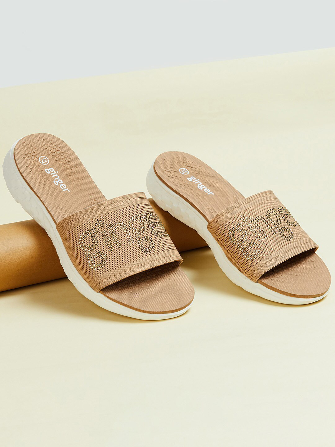 Buy Ginger By Lifestyle Women Beige Embellished Sliders - Flip Flops ...