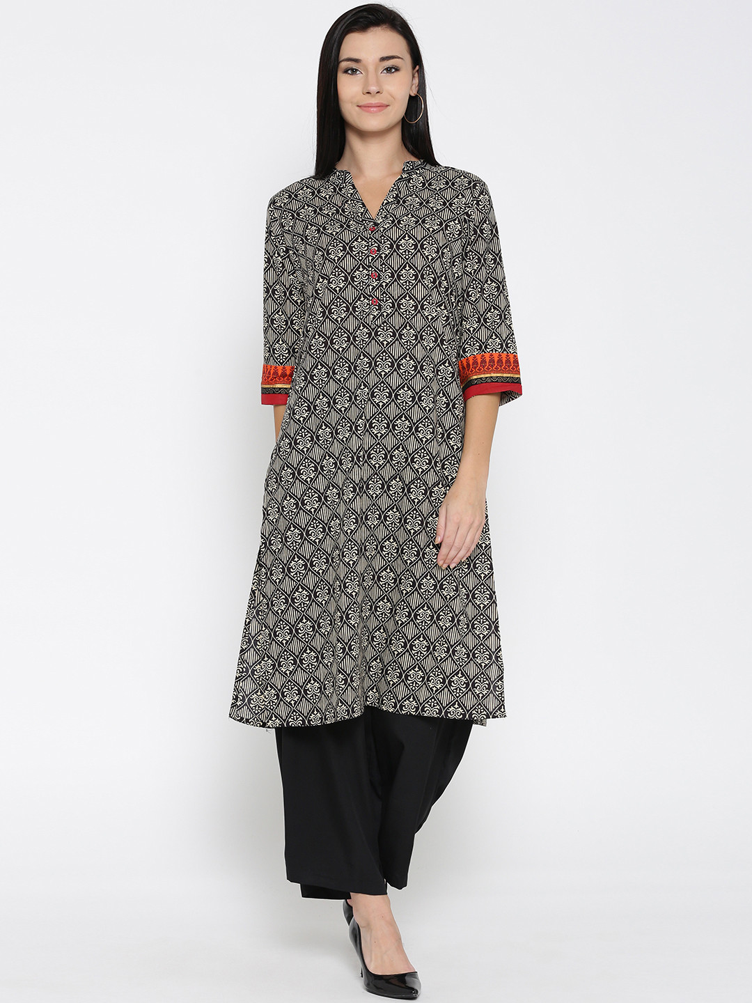 Buy Sabhyata Women Black & Beige Printed Straight Kurta - Kurtas for ...
