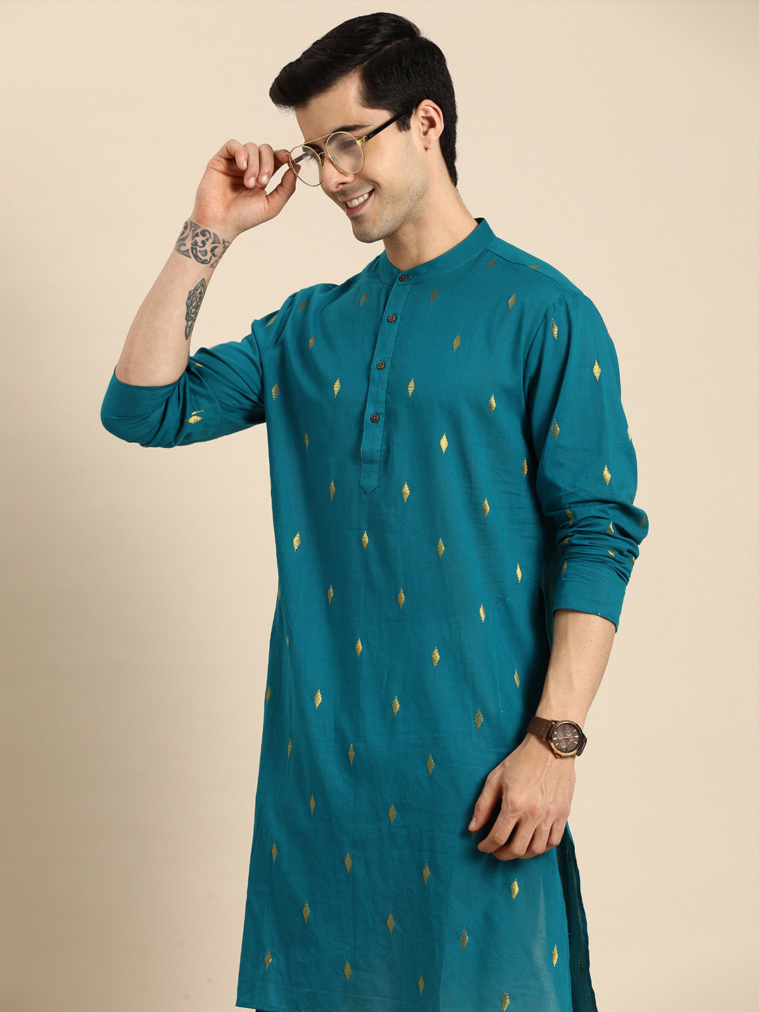 Buy Anouk Men Teal Blue Ethnic Motifs Woven Design Pure Cotton A Line ...