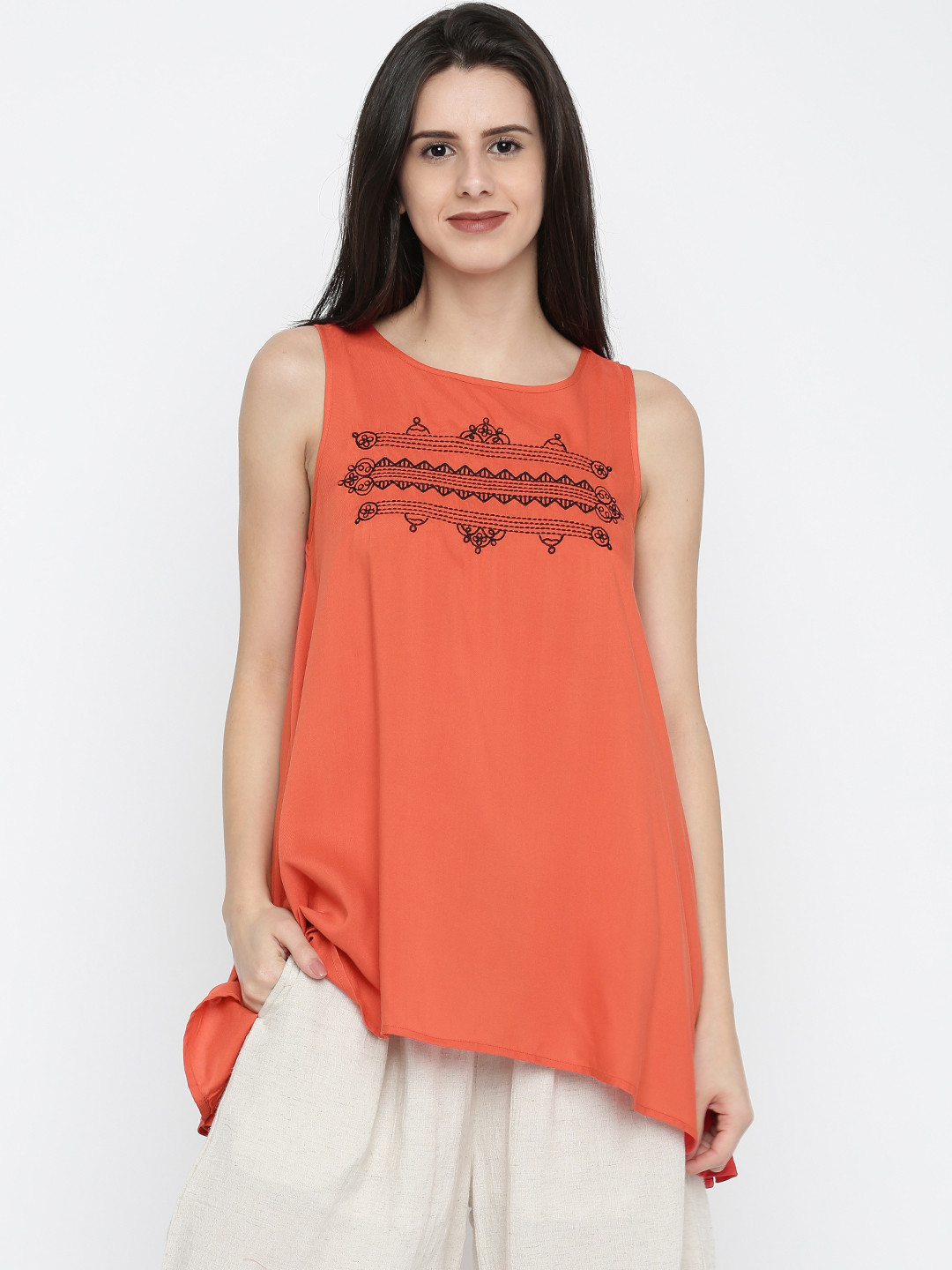 Buy AND Women Coral Red Embroidered Top - Tops for Women 1864614 | Myntra