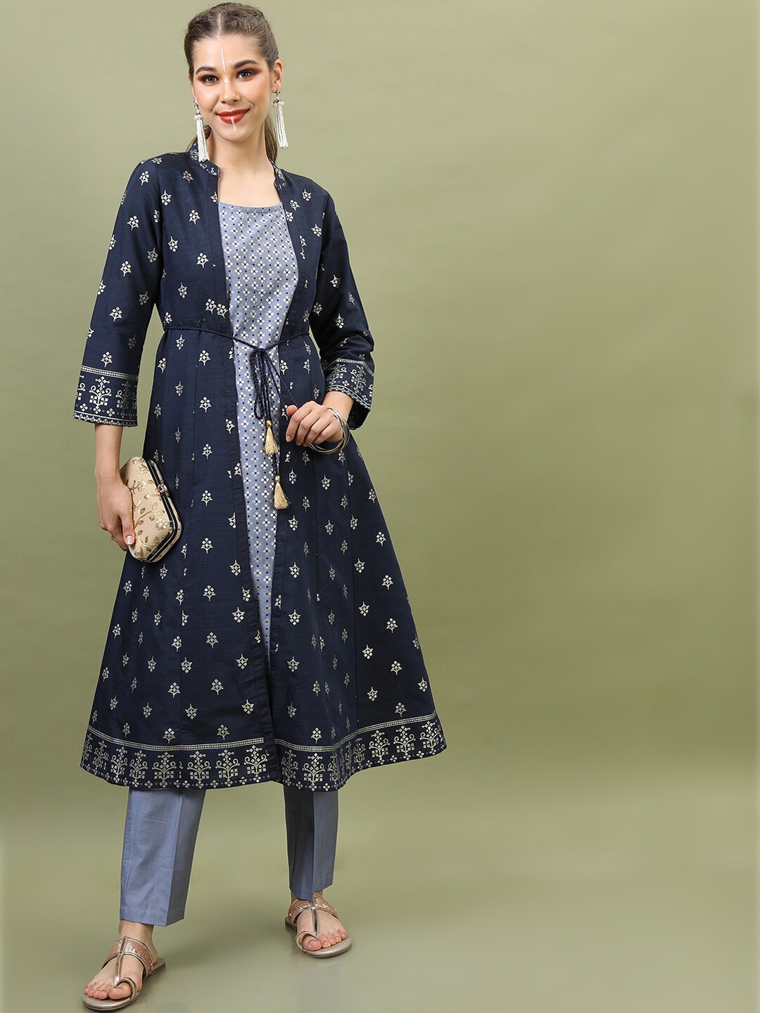 Buy Vishudh Women Navy Blue Ethnic Motifs Printed Kurta With Trousers