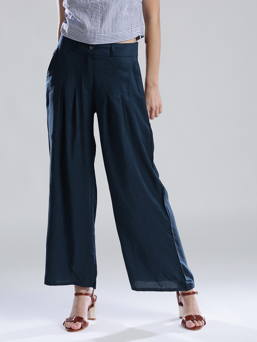 Buy W Women Teal Blue Solid Parallel Trousers - Trousers for Women ...
