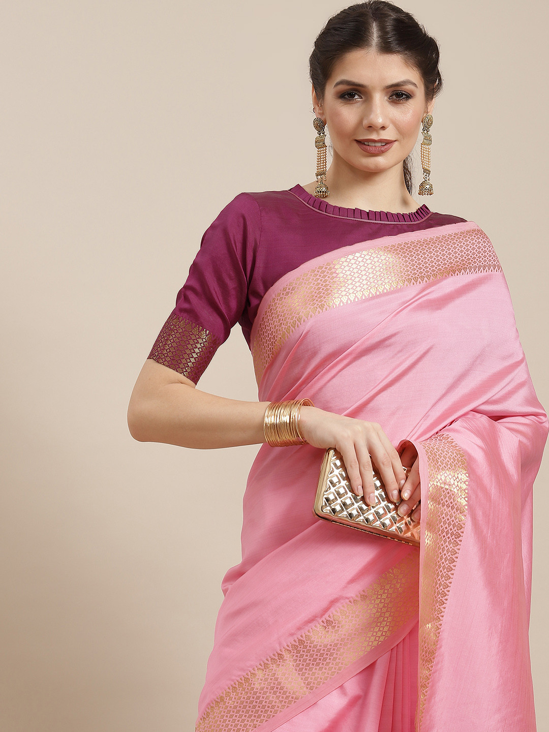 Buy KALINI Pink & Gold Toned Woven Design Silk Cotton Banarasi Saree ...