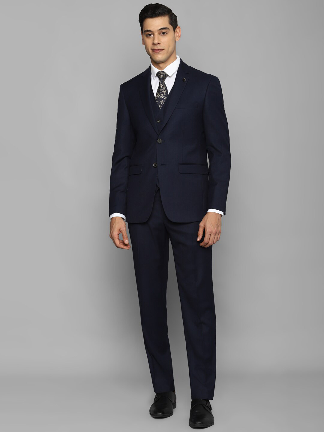 Buy Allen Solly Men Navy Blue Solid Single Breasted Tailored Fit 3 ...