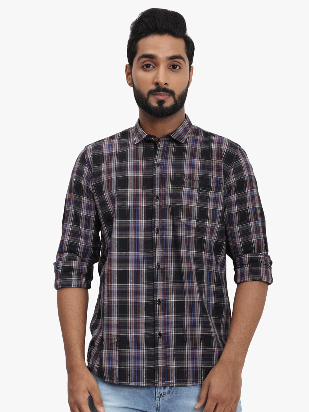 Buy DCot By Donear Men Black & Grey Comfort Checked Casual Cotton Shirt ...
