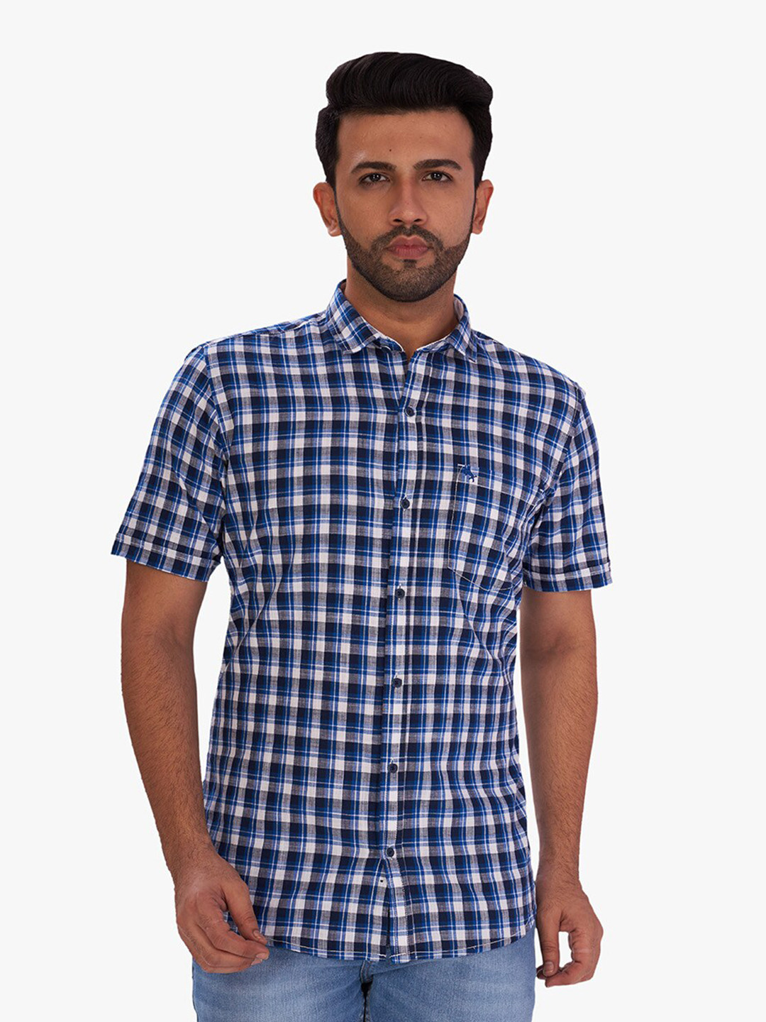 Buy DCot By Donear Men Blue Comfort Checked Casual Cotton Shirt ...