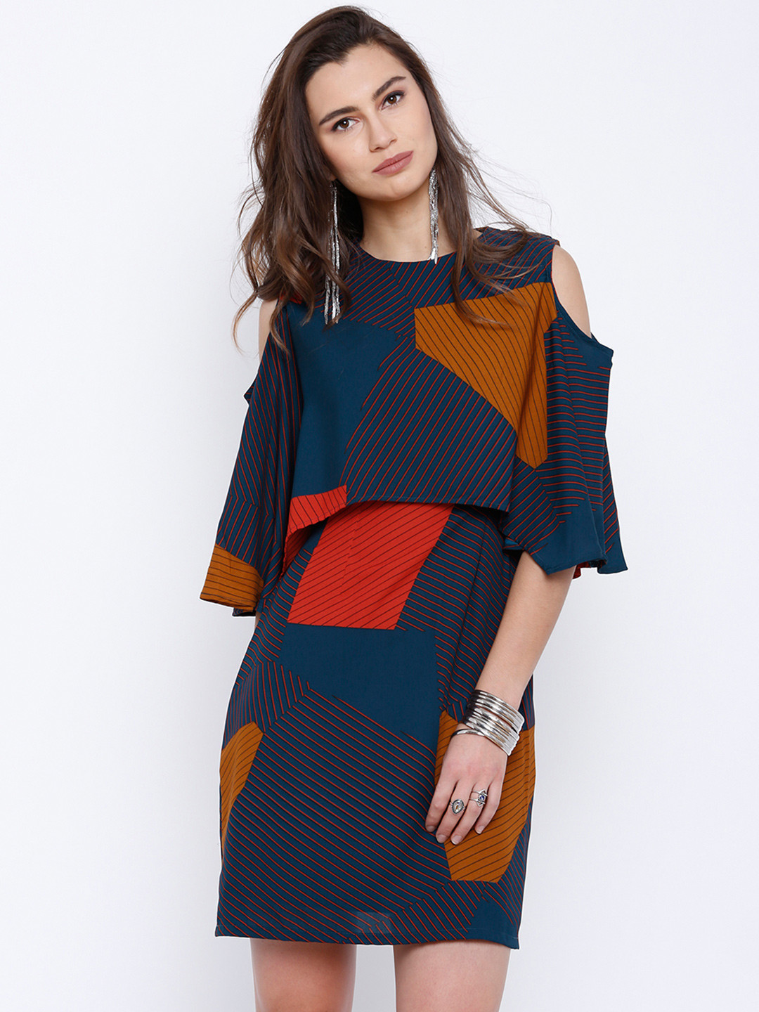 Buy Tokyo Talkies Women Teal Blue Printed Layered Shift Dress - Dresses ...