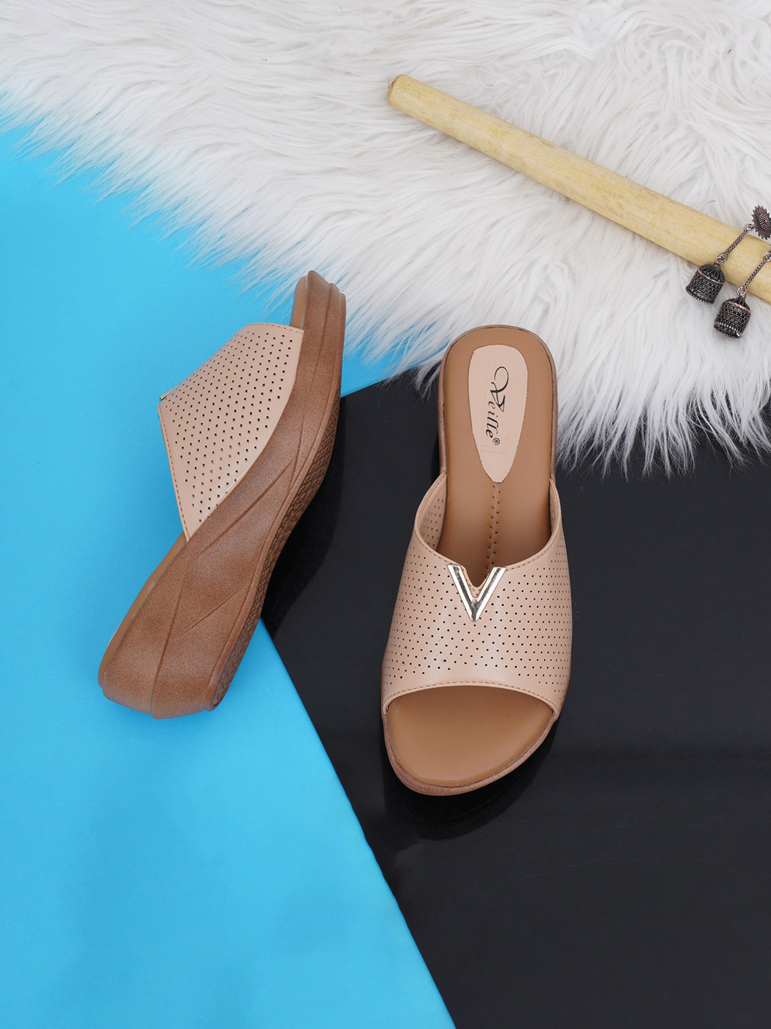 Buy VEILLE Beige Textured Wedge Peep Toes With Laser Cuts - Heels for ...