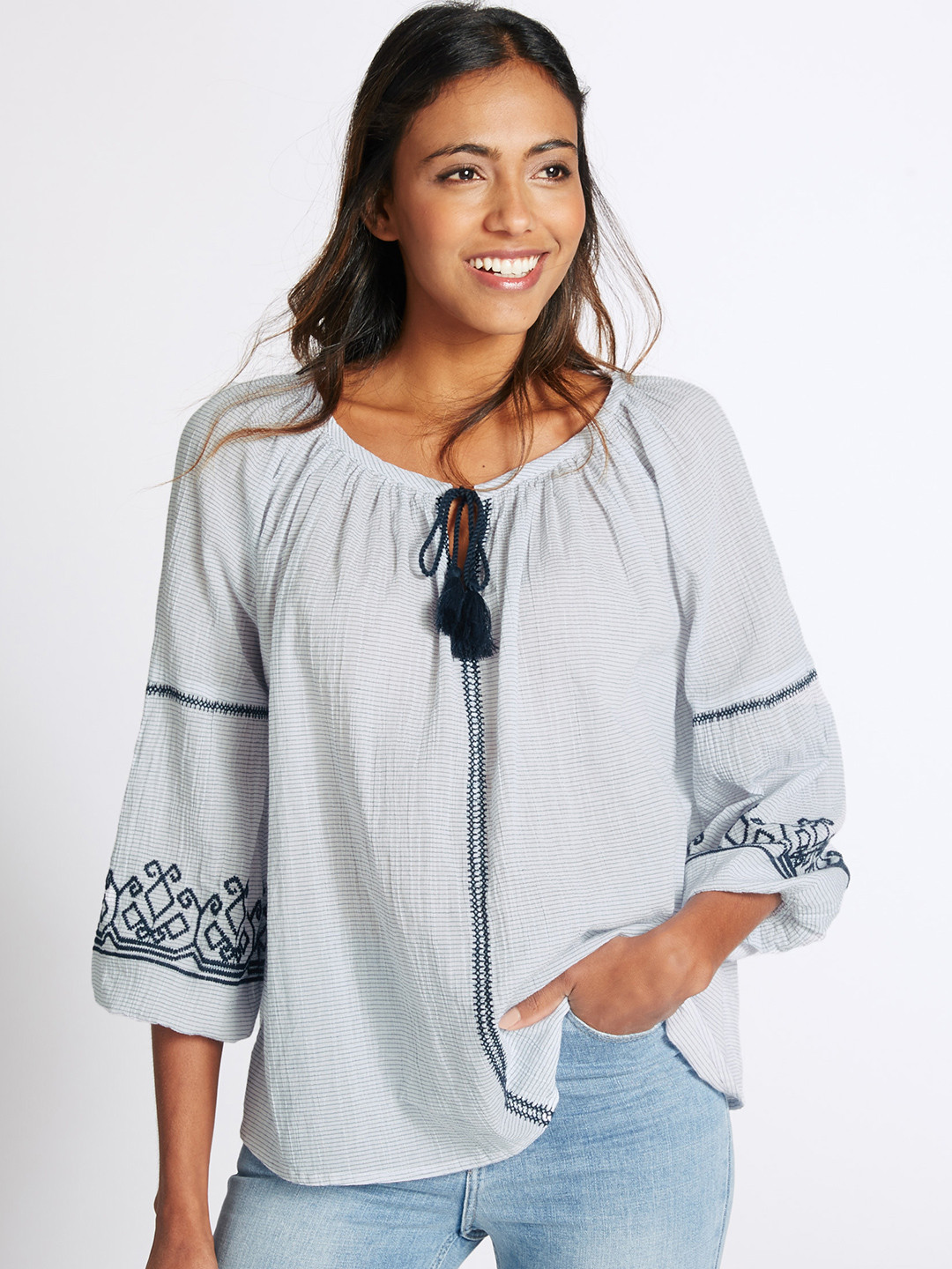 Buy Marks & Spencer Women Off White Striped Boxy Pure Cotton Top - Tops ...