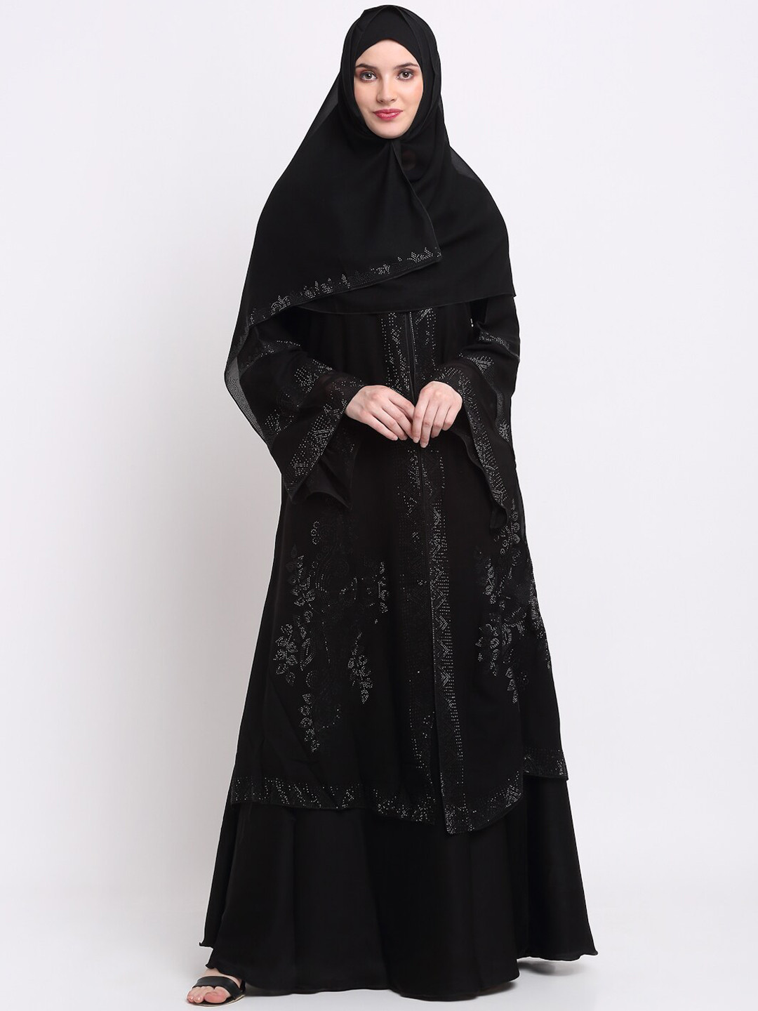 Buy KLOTTHE Women Black & Silver Coloured Embellished Burqas With Scarf ...