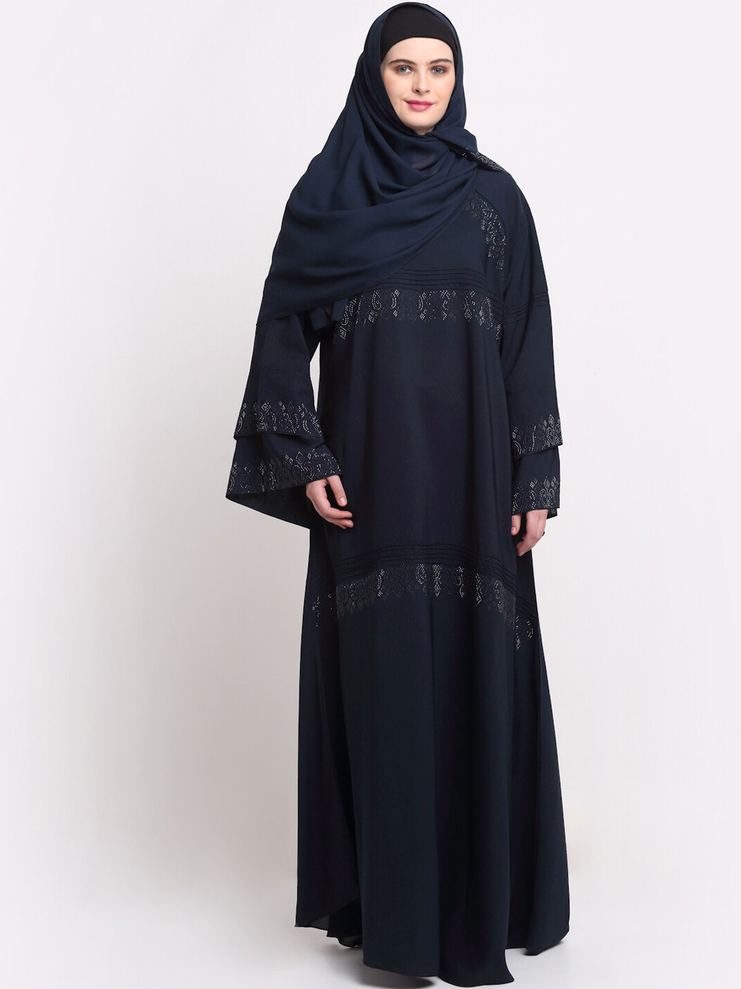 Buy KLOTTHE Women Navy Blue & Silver Coloured Embellished Burqas With ...