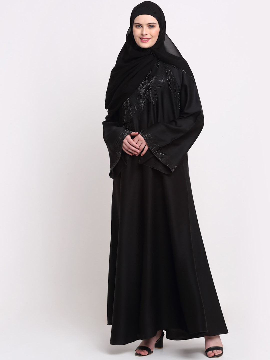 Buy KLOTTHE Women Black & Silver Coloured Embellished Burqas With Scarf ...