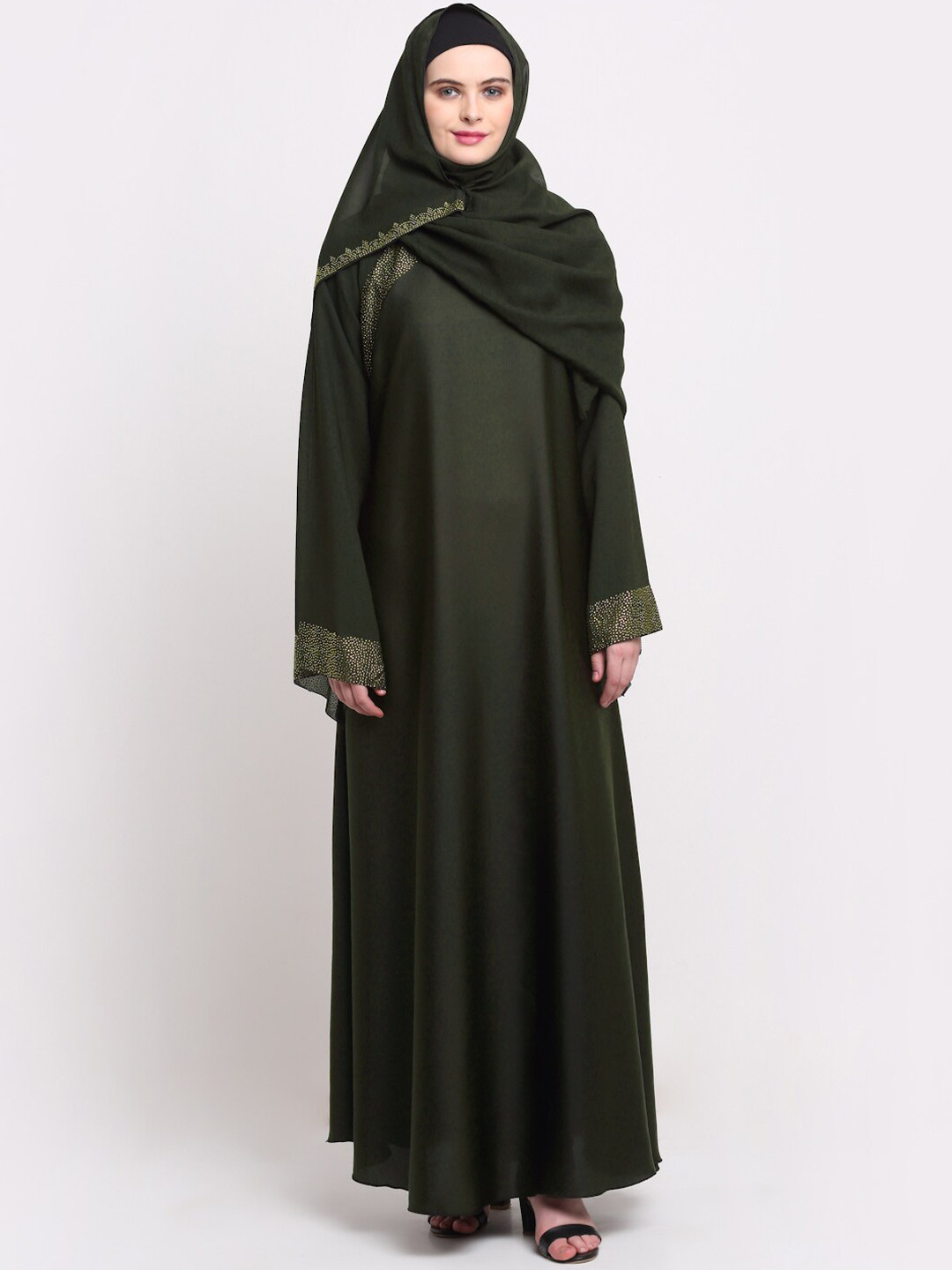 Buy KLOTTHE Women Green & Silver Coloured Embellished Burqas With Scarf ...