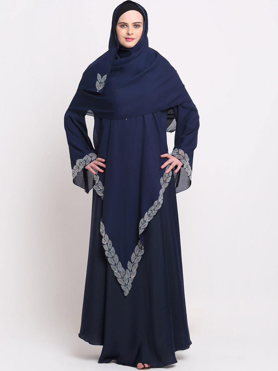 Buy KLOTTHE Women Navy Blue & Silver Coloured Embellished Burqas With ...