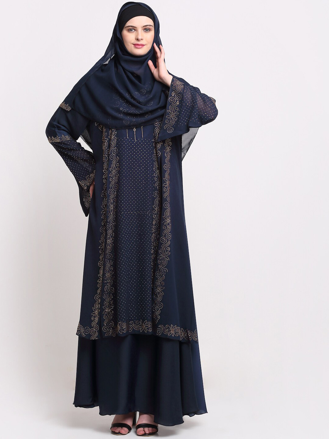 Buy KLOTTHE Women Navy Blue & Silver Coloured Embellished Burqas With ...