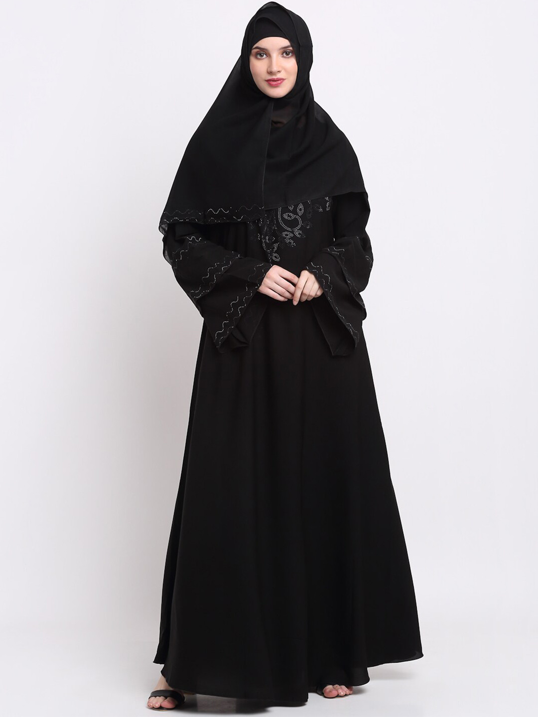 Buy KLOTTHE Women Black & Silver Coloured Embellished Burqas With Scarf ...
