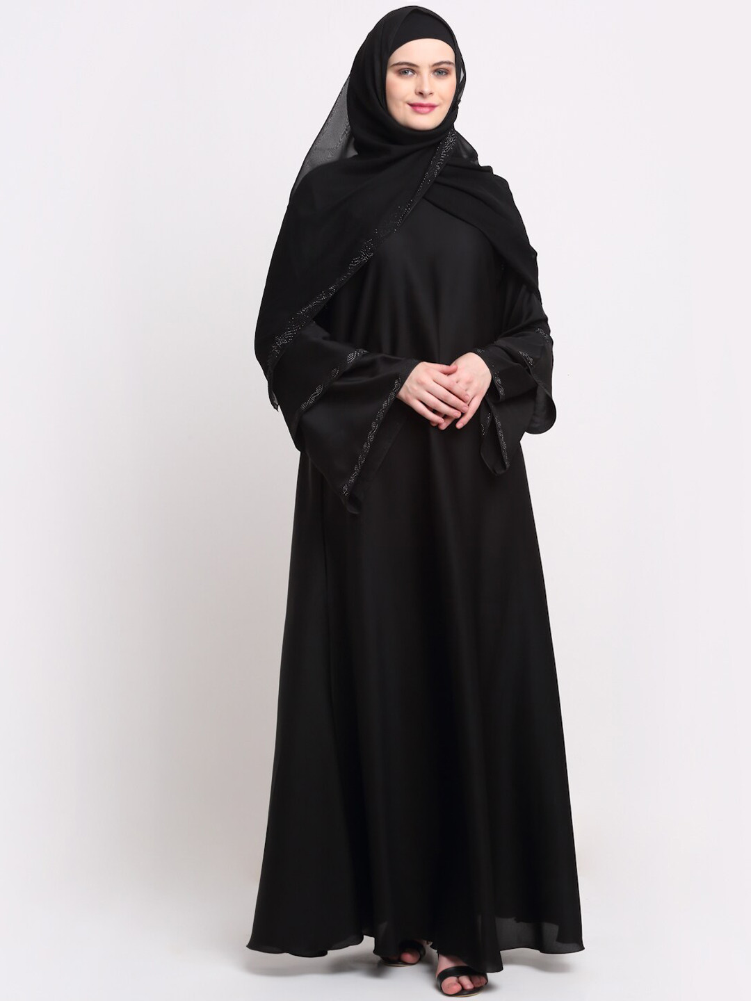 Buy KLOTTHE Women Black & Silver Coloured Embellished Burqas With Scarf ...