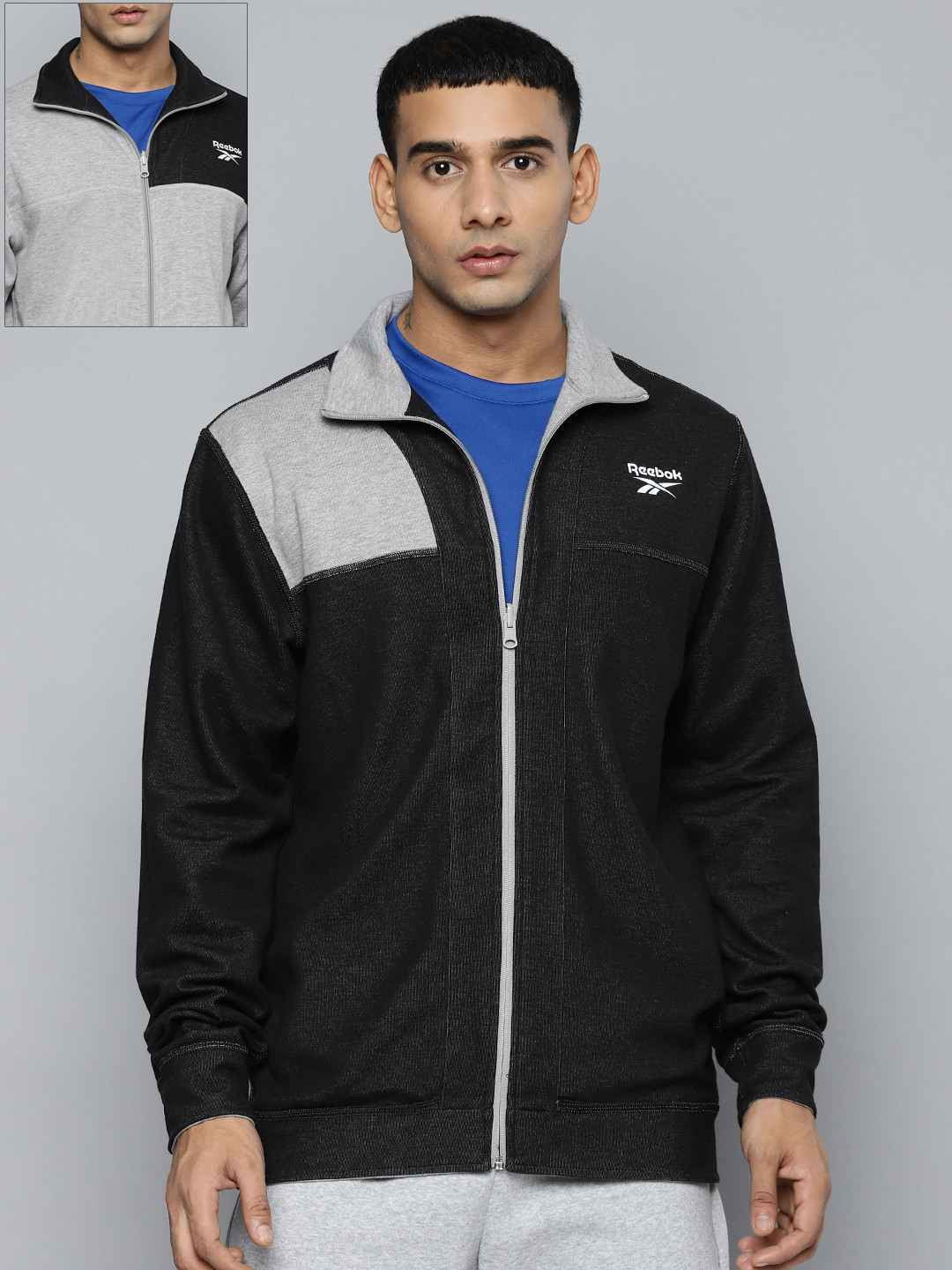 Buy Reebok Men Black Grey Colourblocked Reversible Sporty Jacket ...