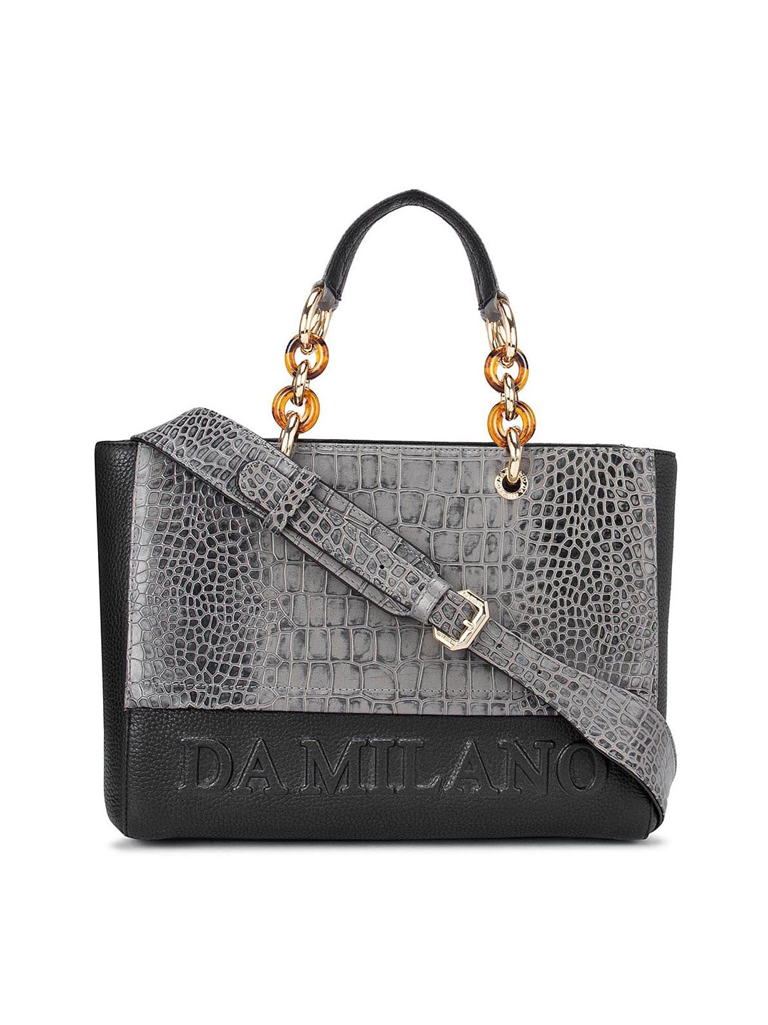 Buy Da Milano Grey Animal Textured Leather Structured Handheld Bag ...