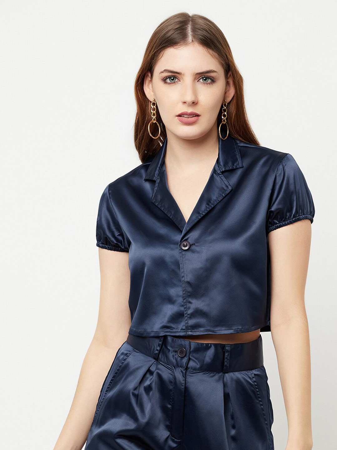 Buy THE SILHOUETTE STORE Women Navy Blue Shirt Style Crop Top - Tops ...