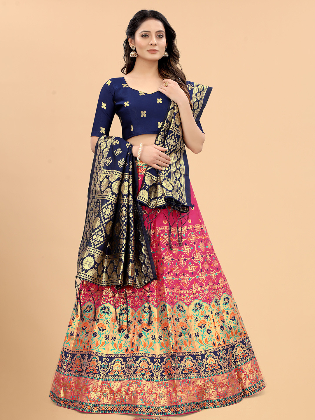 Buy Xenilla Pink & Navy Blue Embroidered Semi Stitched Lehenga & Blouse With Dupatta - Lehenga ...