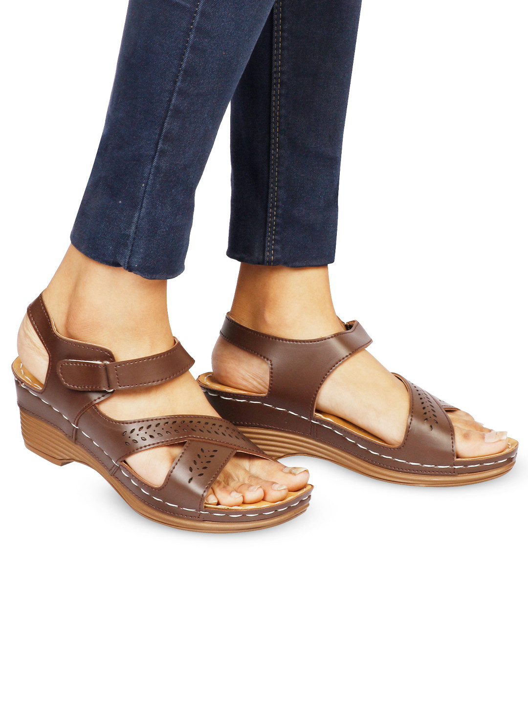 Buy XE Looks Women Brown Comfort Sandals With Laser Cuts - Heels for ...
