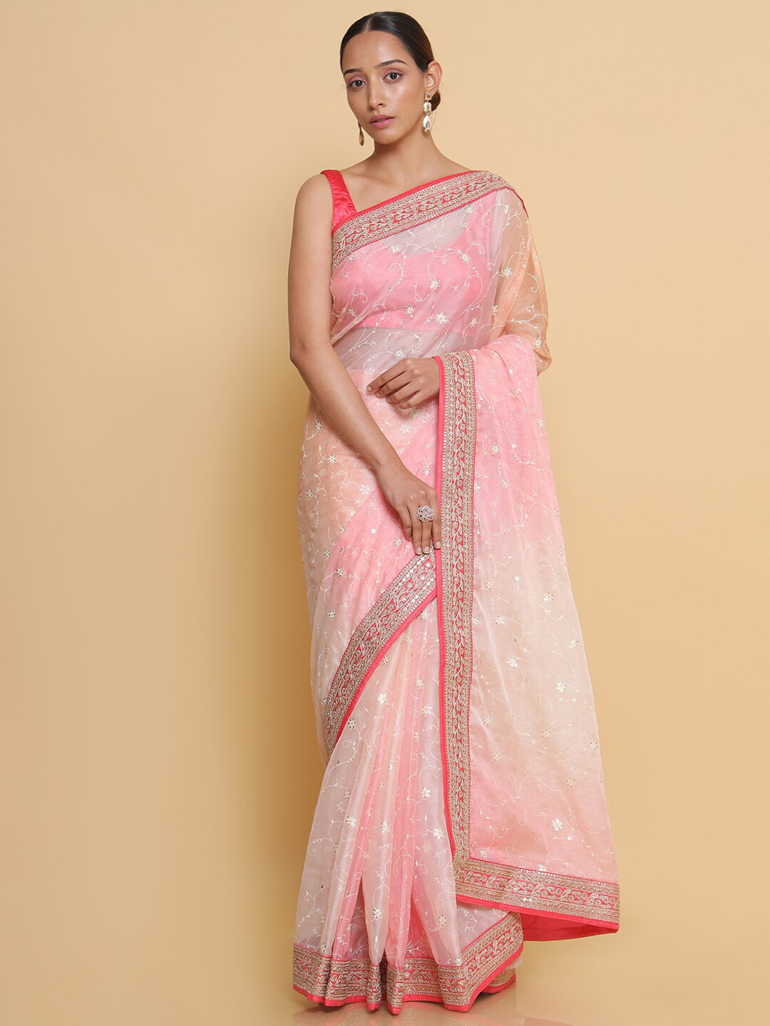 Buy Soch Pink & Silver Floral Embroidered Organza Heavy Work Saree ...